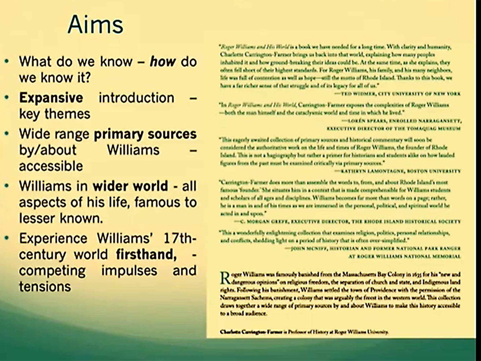 Roger Williams and His World, A History in Documents – Sowams Heritage Area